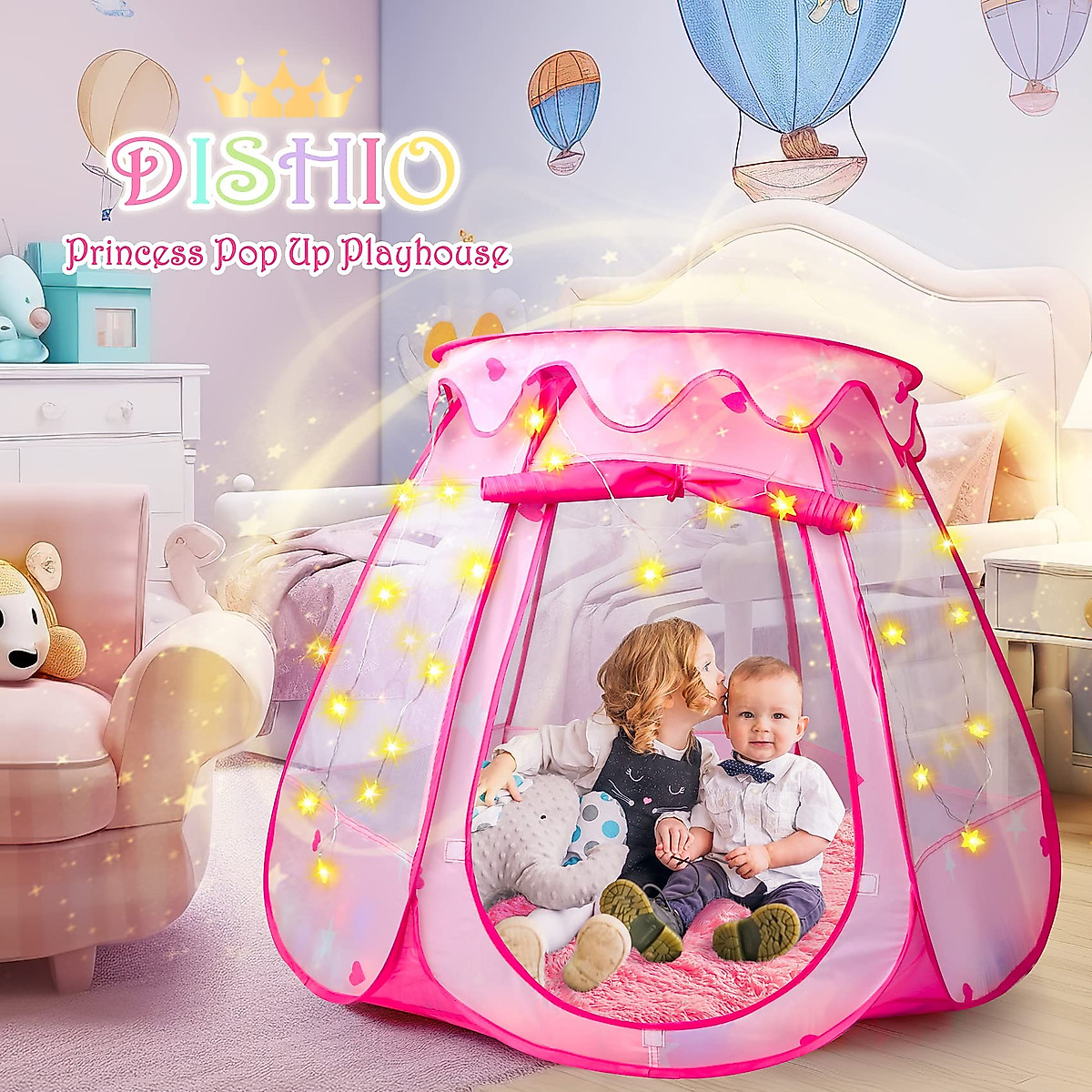 Princess Castle Girls Play Tent with Rug Pop Up Play Tent for Toddlers Kids DISHIO Playhouse Toys for 1 Year Old Birthday Gift Fairy for Girls with Lights Indoor Outdoor Kids with Mat