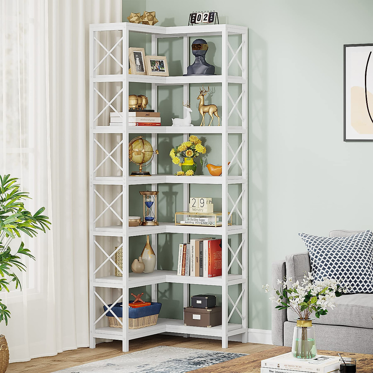 Tribesigns 7-Shelf Corner Bookshelf,Large Modern Corner Bookcase, 7-Tier Tall Corner Shelf Storage Display Rack with Metal Frame for Living Room Home Office (White)