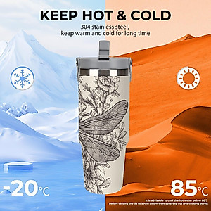 30oz Stainless Steel Insulated Tumbler with Flip Lid & Straw, Leakproof Travel Mug for Car, Hand Drawn Floral Dragonfly Double Wall Vacuum Thermal Coffee Cup with Handle, Spill-Proof Design for Hot/Co