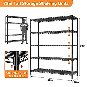 Storage Shelves Heavy Duty, 48" L x 20" W x 72" H Garage Wire Shelving Unit Loads 2000LBS, 5-tier Adjustable Metal Industrial Utility Shelf Rack for Kitchen, Laundry Room, Pantry, Warehouse, Basement
