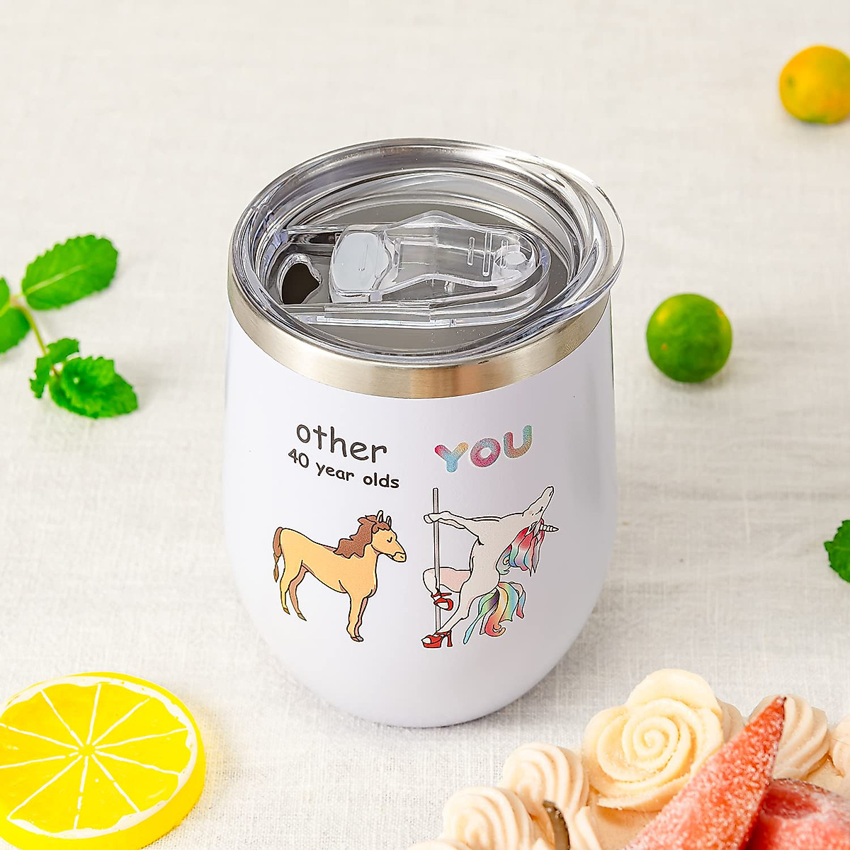 Crisky 40th Birthday Gifts for Women friends-40th bday gifts women-Funny Unicorn Wine Tumbler 12 OZ with Lid, Straw