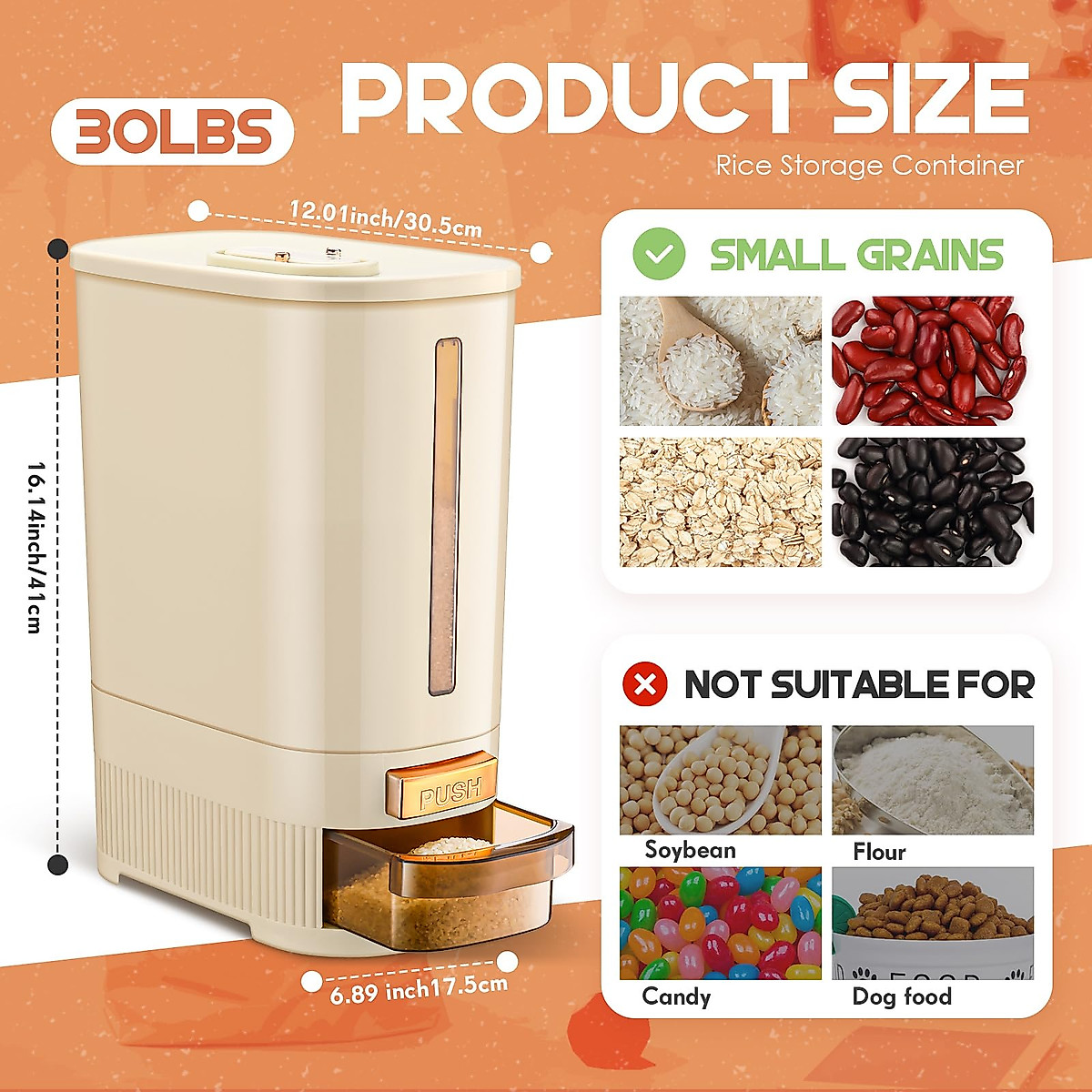 Teenyyou 30 Lbs Airtight Rice Dispenser Sealed Large Rice Container with Cup Moisture Proof Cereal Dispenser Grain Dispenser Storage Container for Pantry Baking Cooking Kitchen Restaurants