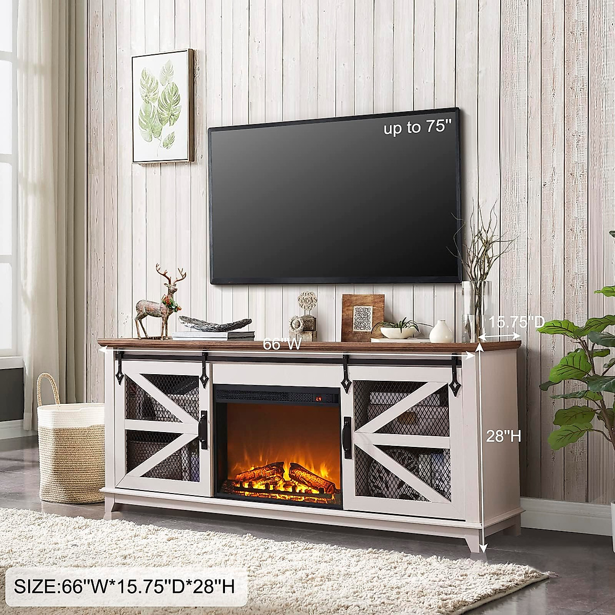 OKD Fireplace TV Stand for 70 75 Inch TV, Industrial & Farmhouse Entertainment Center with Sliding Barn Door & 23" Electric Fireplace, Rustic Media Console Cabinet for Living Room, Antique White