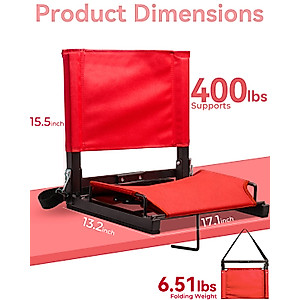 Ohuhu Stadium Seats with Back Support Bleacher Chairs with Backrest Portable Bleacher Seat with Shoulder Straps and Hook for Sports Events Baseball Soccer Kayak Boat, Red