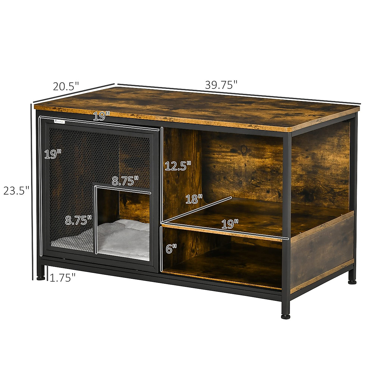 PawHut Cat Kennel, Furniture Style Dog Cage, Wood & Steel End Table Pet House with Cushion and Sliding Doors, Rustic Brown