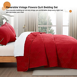 Whale Flotilla Elegant Extra Soft Quilts Queen Size, 3-Piece Lightweight Modern Geometric Full Queen Quilt Bedding Sets Bedspread Coverlet for All Seasons, Red