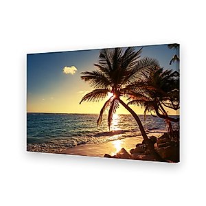 Muolunna S04981 Wall Art Decor Large Canvas Print Picture Sunset Ocean Beach Waves 1 Panel Coconut tree Scenery Painting Artwork for Office Home Decoration Stretched and Framed Ready to Hang XLarge