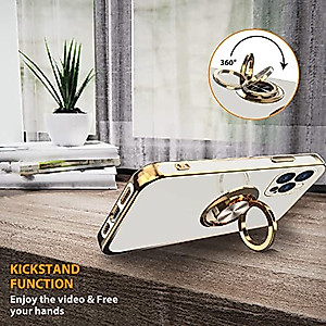 OOK Compatible with iPhone 13 Pro Max Case with Ring Holder Full Camera Lens Protection Plating Rose Gold Edge 360°Kickstand Slim Soft TPU Protective Case Cover for iPhone 13 Pro Max 6.7 Inch -White