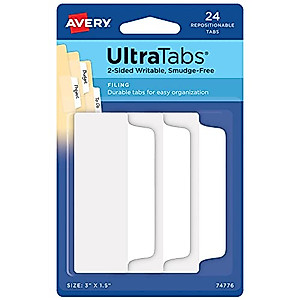Avery Ultra Tabs, 3" x 1.5", 2-Side Writable, White, 24 Repositionable Filing Tabs (74776) & Margin Ultra Tabs, 2.5" x 1", 2-Side Writable, Assorted Metallic, 24 Repositionable Page Tabs (74786)