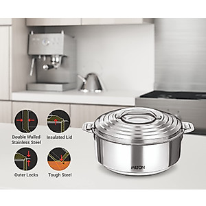 Milton Casserole for hot food, insulated stainless steel hot pot with lid, 40 oz (1200 ml) 1.26 qt, Serving box (bowl, dish) for food and roti Galaxia 1000 Food Warmer Cooler, Silver