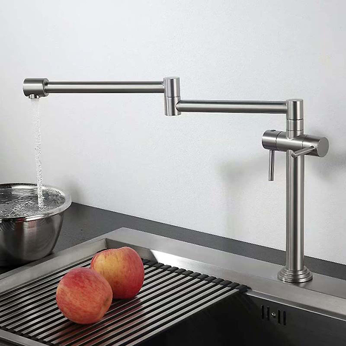 LEEOX Pot Filler Faucet, Solid Brass Kitchen Faucet, Deck Mount Kitchen Sink Faucet with Double Swing Arm, Dual Handle Hot and Cold Water Kitchen Mixer Tap,Gold (Color : Brushed Nickel)