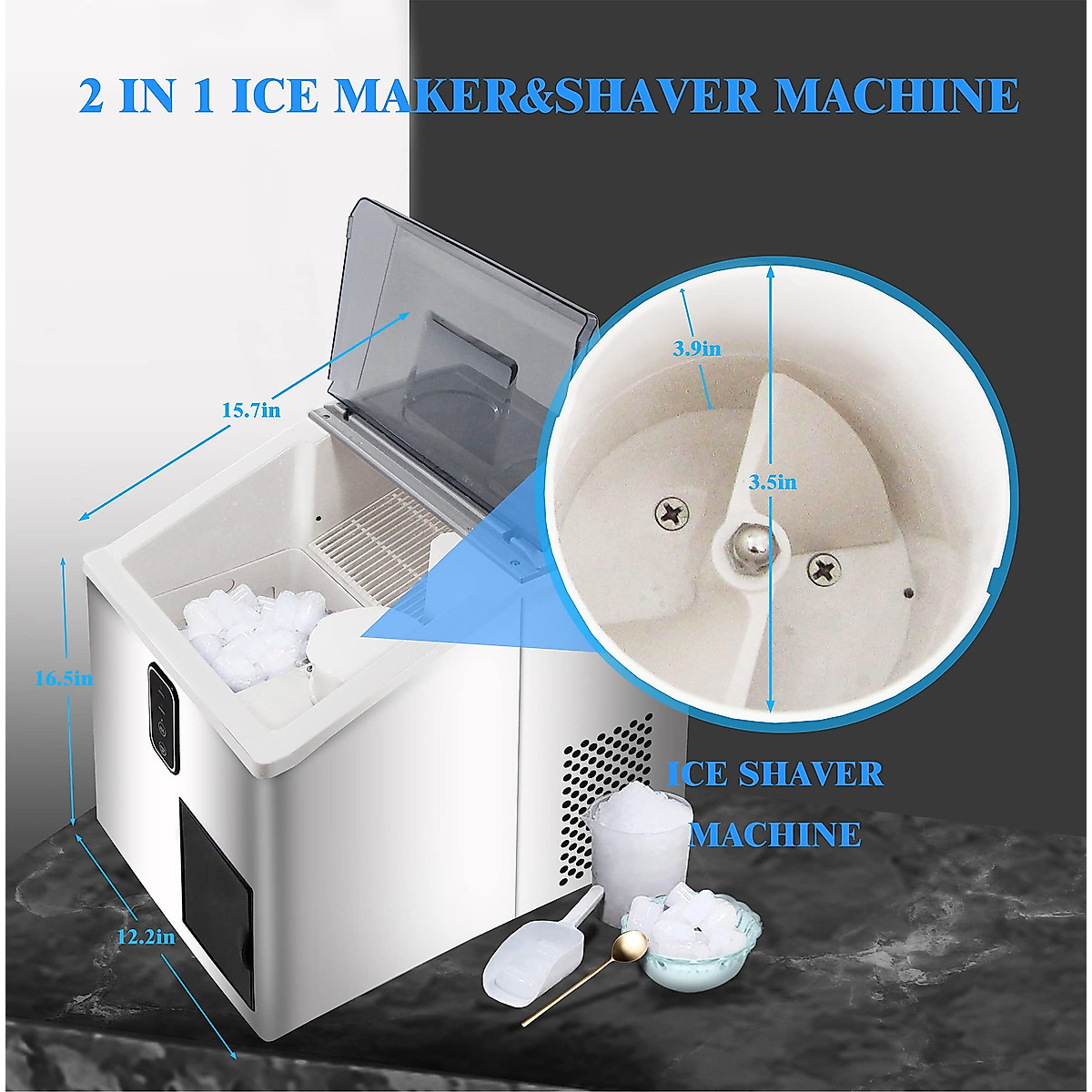 2-in-1 Ice Maker and Shaver Machine - LINKLIFE Countertop Ice Maker with Ice Crusher, Self Cleaning, LCD Indicator, Bullet Ice Pellet Ice Nugget Ice Sonic Ice Maker for Home Office Bars Parties, 33lbs