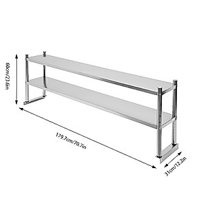 MIMODA Double Overshelf, 2-Tier Stainless Steel Overshelf 12'' x 70'' Commercial 2 Tier Shelf Height Adjustable Overshelf for Prep & Work Table in Kitchen, Restaurant Each Layer Weight Capacity 88lb