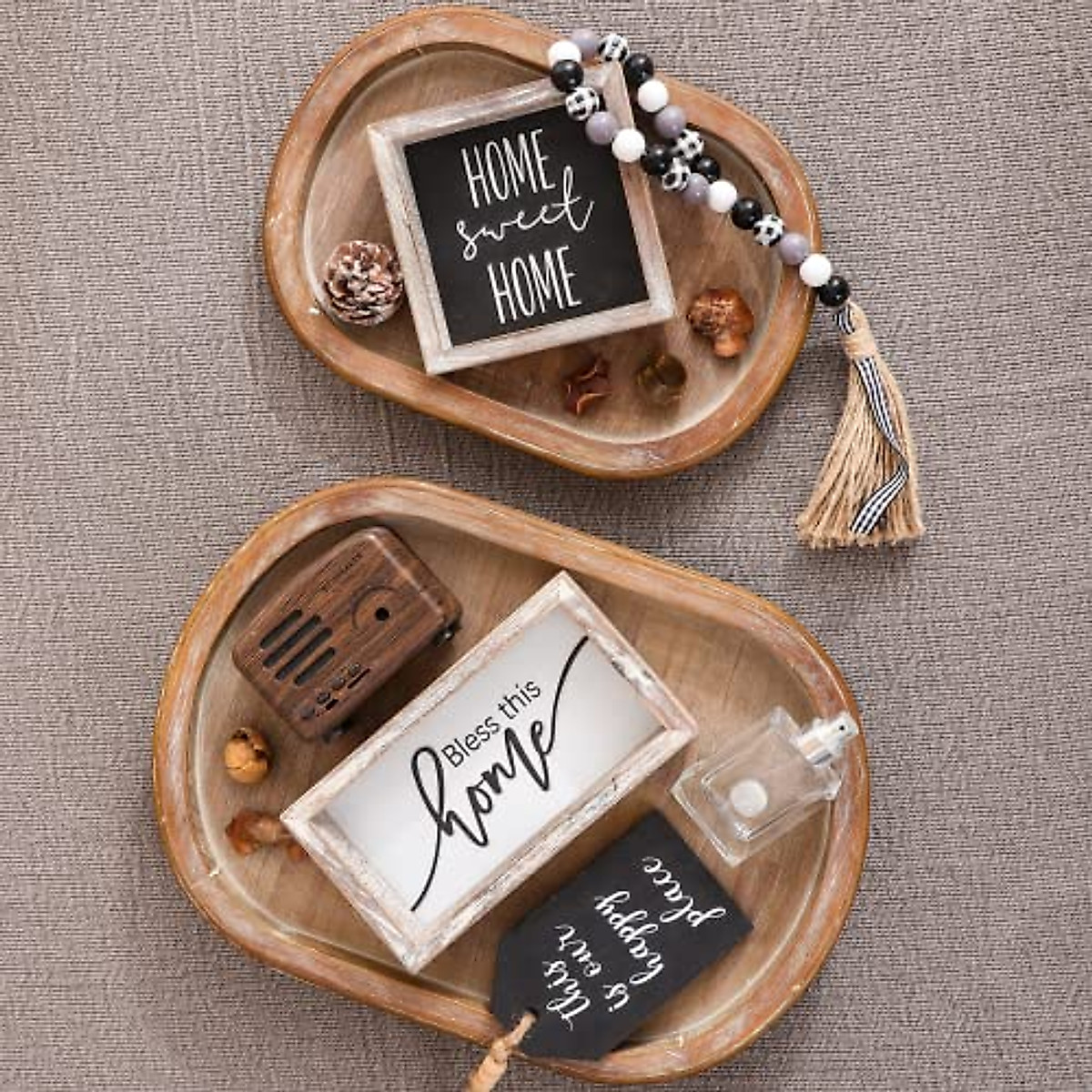 FESTWIND Oval Tiered Tray, Beaded Rustic Tiered Tray, Two Tiered Tray Stand for Kitchen Counter, Farmhouse Decorative Trays for Home Decor Distressed Brown