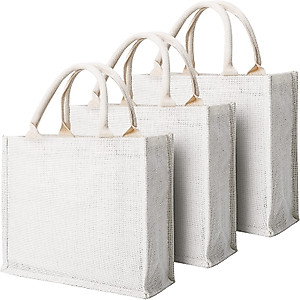 Segarty Tote Bags, 3 Pack Small White Burlap Jute Reusable Canvas Gift Favors Bag with Handles Blank Tote Bulk for Bridesmaid Wedding, Women Market Grocery Shopping, Bachelorette Party, Beach Trip
