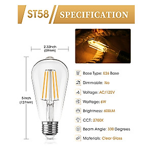 DORESshop Vintage LED Edison Bulbs,Non-Dimmable, 6W Warm Light Bulbs 60 Watt Equivalent,2700K Warm White, ST58 Antique LED Filament Bulbs,E26 Medium Base,Clear Glass,4 Pack
