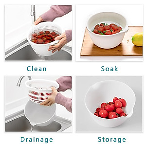 2 Sets 3 Qt，2 in 1 Kitchen Colander Set with Bowl Strainer ，BPA Free Plastic Fruits and Vegetable Washing Basket,Dishwasher Friendly Double Layered Drain Basin,for Pasta, Noodles, Rice and Food (Grey)