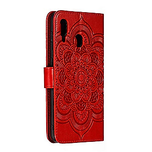 LEECOCO for Samsung A20 Case Mandala Embossing Luxury PU Leather Flip Notebook Wallet Bookstyle Magnetic Stand Card Slot Folio Bumper Protection Cover for Samsung Galaxy A20 / A30 Mandala Red LD
