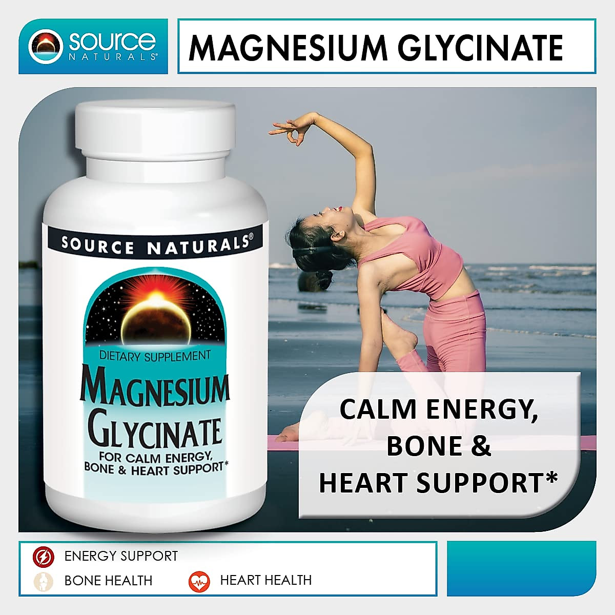 Source Naturals Magnesium Glycinate, for Calm Energy, Bone & Heart Support*, 200 mg per Serving - 120 Tablets