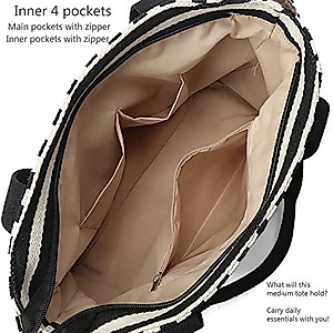 YHSHYZH Medium Tote Handbag Black & White Striped Daily Satchel Shoulder Purses with Multi-Pockets Canvas Vaction Work Tote with Zipper Spring Summer Beach Bag Gifts for Womens (M Black+White)