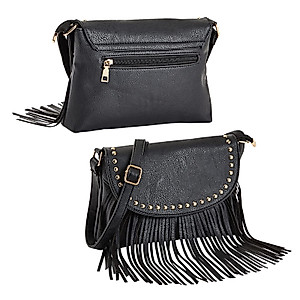 Zodaca Black Fringe Purse for Women, Faux Leather Hippie Crossbody Bag (10.5 x 1.5 x 7.8 In)