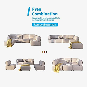 Mjkone Modular Sectional Sofa Set Convertible 6 Seat Linen Fabric L Shaped Sofa with Chaise Lounge U Shaped Couch with Ottoman Sleeper Sofa Bed Beige Sectional Couches for Living Room Small Space