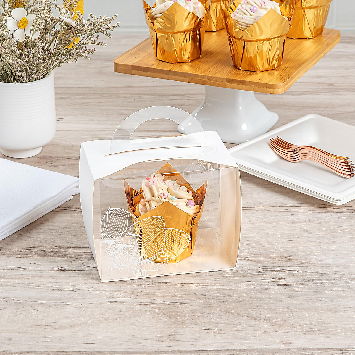 Restaurantware-5 Inch x 3.25 Inch Individual Cupcake Boxes, 100 Disposable Cupcake Display Boxes - With Handle, Lotus Accent, Clear Plastic Single Cupcake Containers, For Weddings Or Birthdays