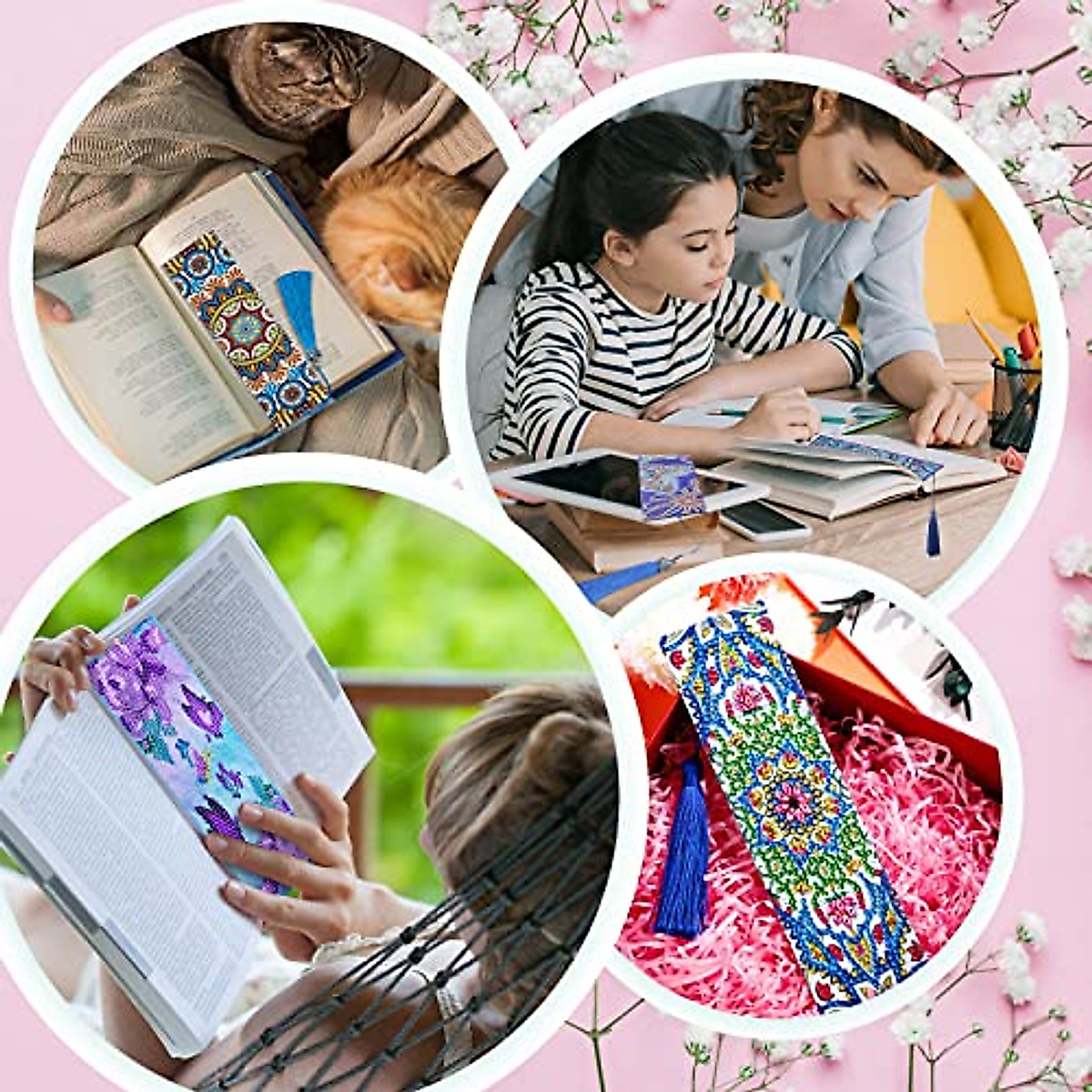 Zhehao 24 Pcs 5D Diamond Painting Bookmarks Floral Rhinestone Bookmarks Diamond Art Bookmarks Leather DIY Bookmarks Beaded Painting Bookmark with Tassel for Kids Adults DIY Art Craft Supplies