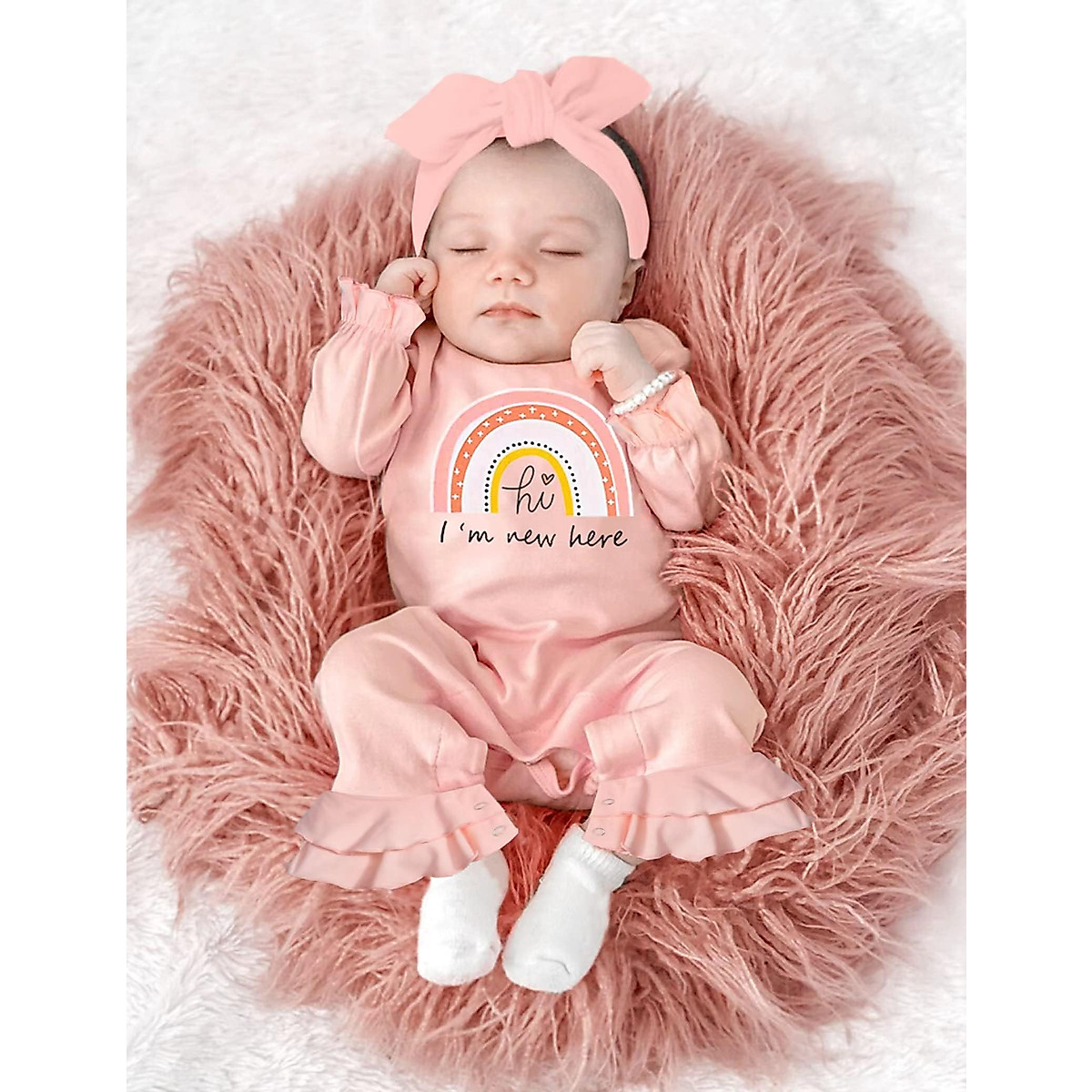 AGAPENG Baby Girl Clothes Newborn Girl Clothes hi I'm new here Romper Ruffle Rainbow Onesie Flare Bell Bottom Jumpsuit Fall Winter Outfits Newborn Girl Outfits Pink with Headband Hat