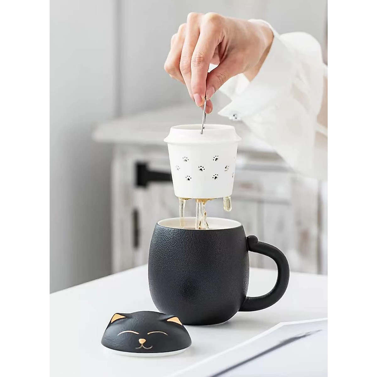 Rain House Cat Mugs with Infuser and Lid, Cute Tea Cups Kawaii Mug in Ceramic for Steeping Loose Leaf, Handmade Porcelain Teacup Teapot for Home Office, Portable Shatterproof Case 350ML (Black)