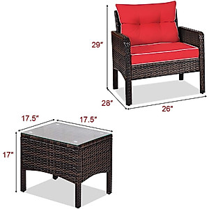 LDAILY Patio Furniture Set, 3 Pieces Outdoor Rattan Patio Chairs with Comfortable Cushion & Glass Tabletop, Outdoor Furniture Wicker Conversation Set for Porch, Balcony, Garden, Poolside (Red)