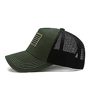 Uphily Army Green US American Flag Trucker Cap - Olive Mid Profile Curved Bill Patriotic Mesh Dad Hat for Men or Women