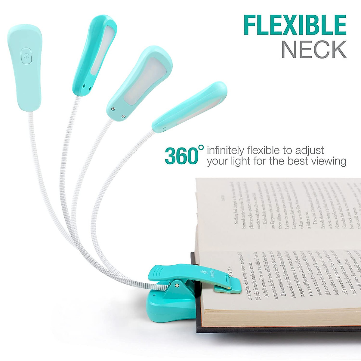 Vekkia/LuminoLite Rechargeable Book Light, 3 Colortemperature × 3 Brightness, Reading Lights for Reading in Bed, Up to 70 Hours Lighting, Great for Readers, Travel (Turquoise)