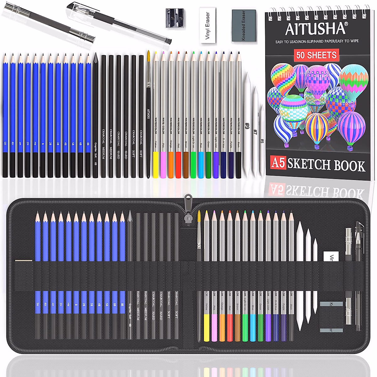 AITUSHA 42-Piece Drawing and Sketching Kit: Comprehensive Art Set for Artists, Watercolor Pencils, Sketch Kit, 50-Page Sketchbook, Black Zipper Case