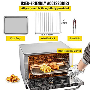 VEVOR Commercial Convection Oven, 66L/60Qt, Half-Size Conventional Oven Countertop, 1800W 4-Tier Toaster w/ Front Glass Door, Electric Baking Oven w/ Trays Wire Racks Clip Gloves, 120V