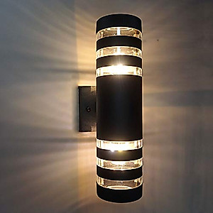 Outdoor Wall Sconce Porch Cylinder Light, Modern Exterior Up and Down Wall Light Waterproof with Aluminum of Matte Black Finish and Toughened Glass for Patio, Garage, E27 Base