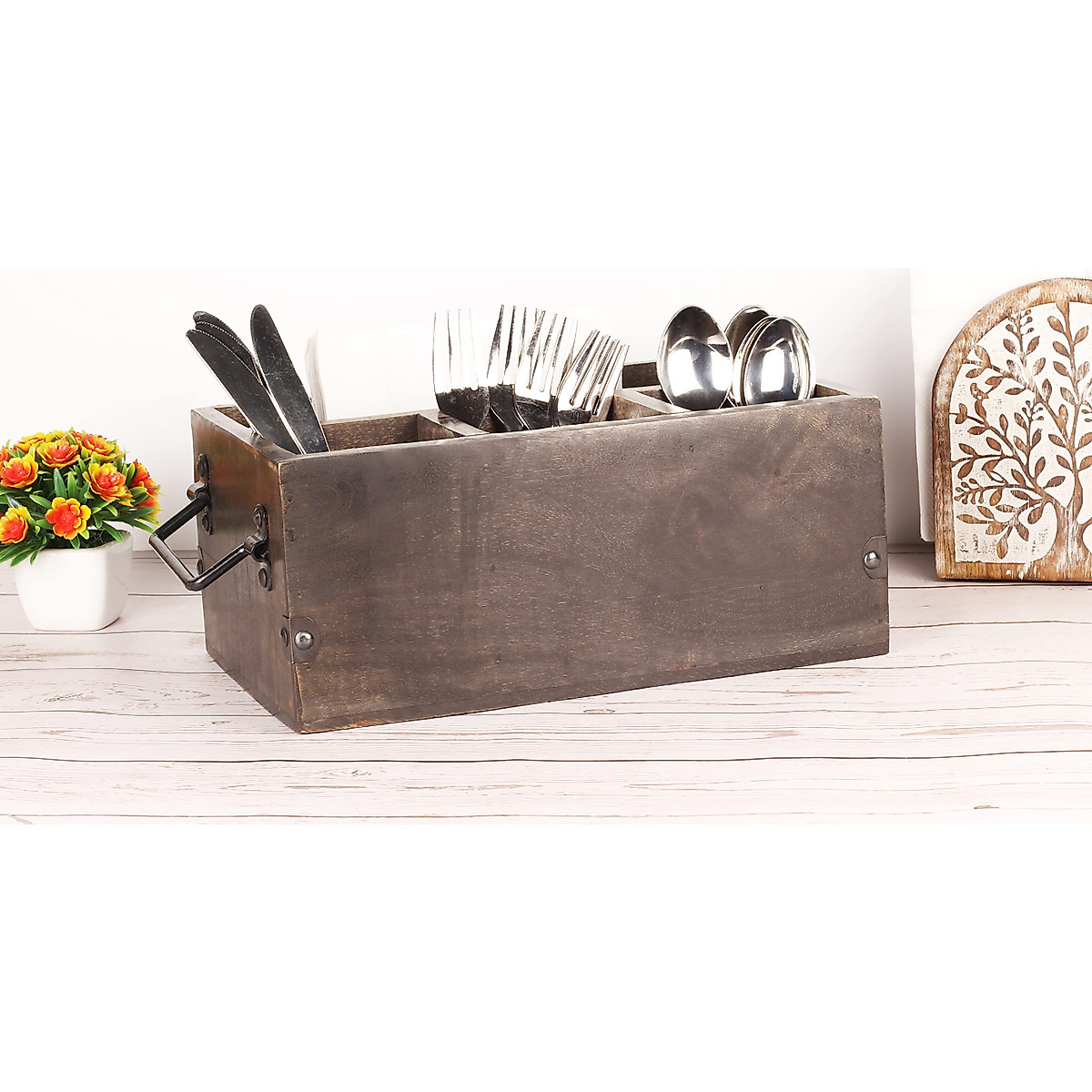 ARTISENIA Mother's Day Gifts Wooden Kitchen Utensil Holder With 4 Compartments Wood Utensil Organizer for Cutlery, Napkins, Cups Caddy Organizer