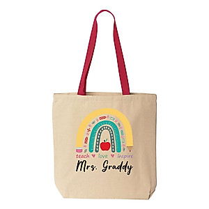 shop4ever® Custom Personalized Teacher Teach Love Inspire Rainbow Cotton Canvas Tote Reusable Shopping Bag Natural - Red 1 Pack