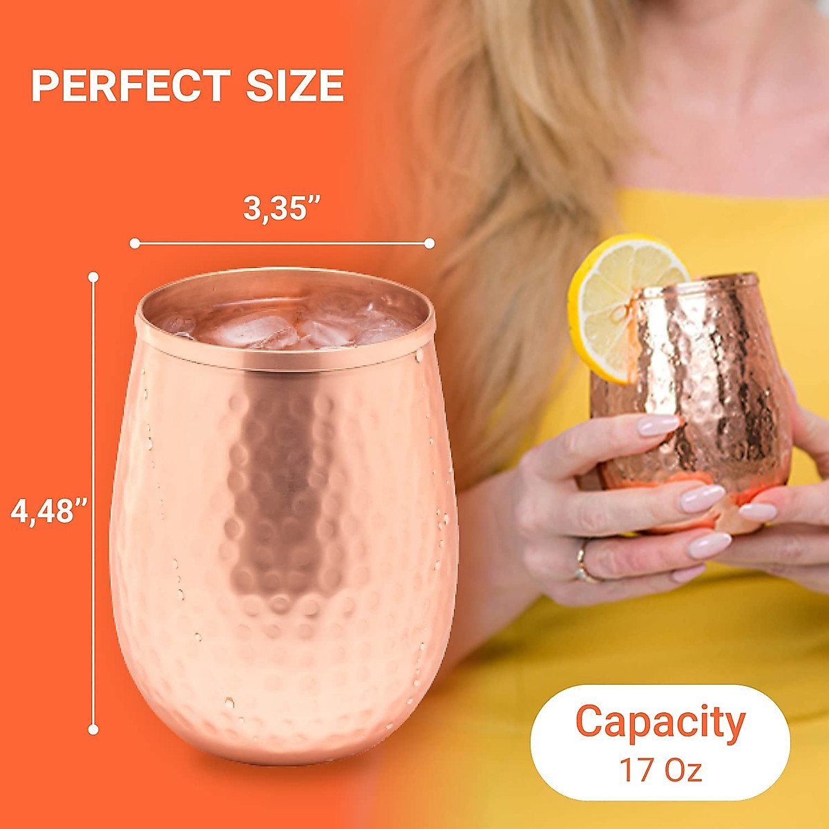 Copper wine glasses set of 4 – 17oz gleaming 100% solid hammered copper stemless wine cups – Valent for men and women – great copper tumblers for red or white wine and Moscow mules.