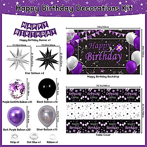 Black Purple Birthday Decorations for Women Girls Men, Purple and Silver Party Decorations Happy Birthday Backdrop Banner Confetti Star Silver Black Purple Balloons Arch Tablecloth Party Supplies