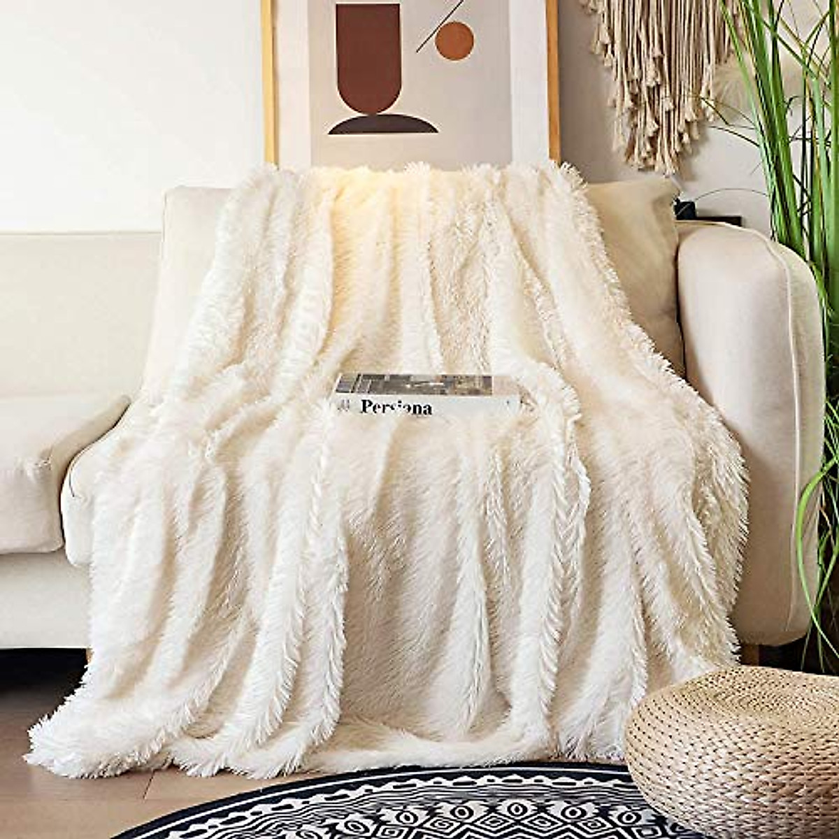 Decorative Extra Soft Faux Fur Blanket Twin Size 70" x 78",Solid Reversible Fuzzy Lightweight Long Hair Shaggy Blanket,Fluffy Cozy Plush Fleece Comfy Microfiber Blanket for Couch Sofa Bed,Cream White