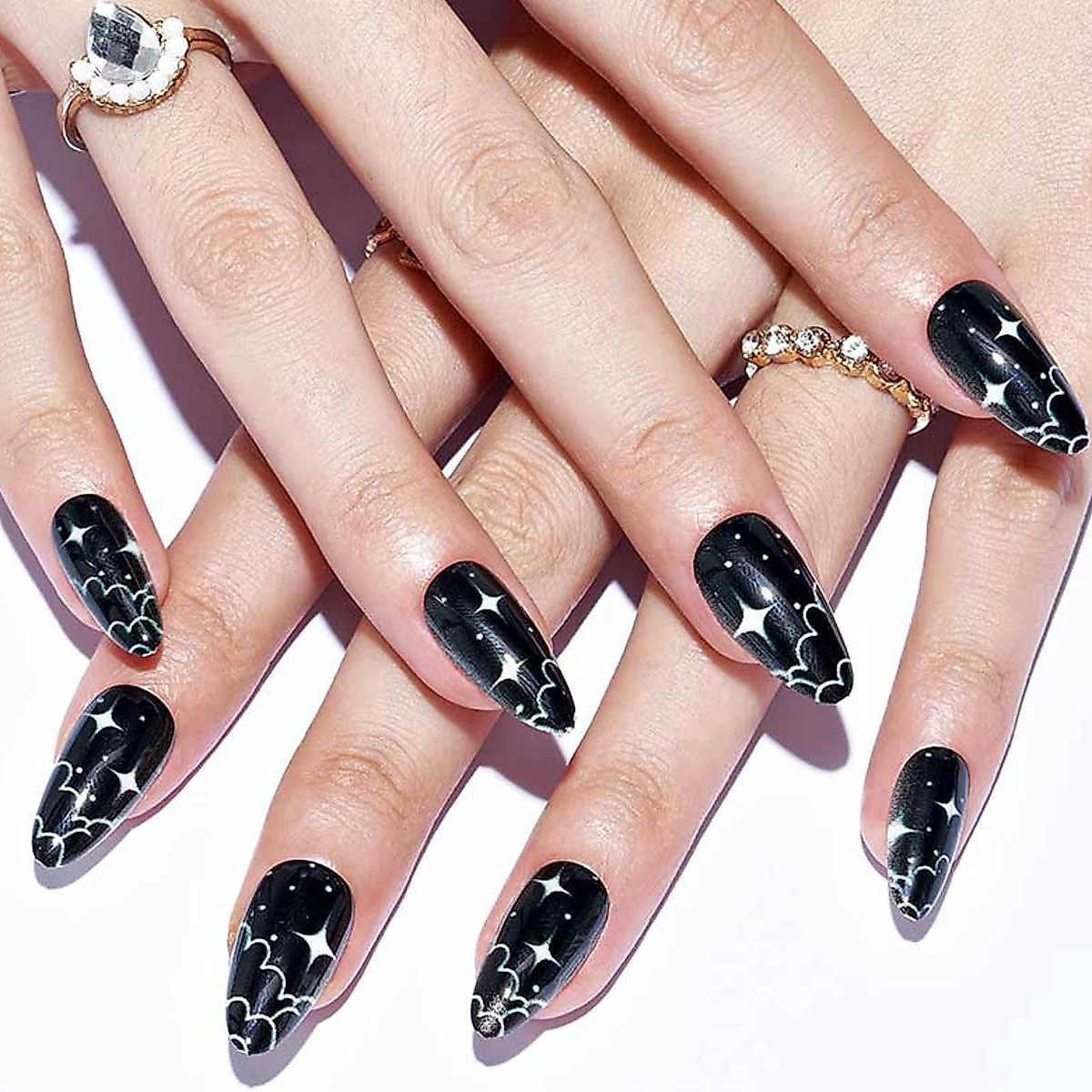 GLAMERMAID Winter Press on Nails Almond,Black Gel False Nails with tree Design,24 PCS Glue on Nails,Reusable Acrylic Stick on Nails Tips Manicure Set for Women Girls Gift