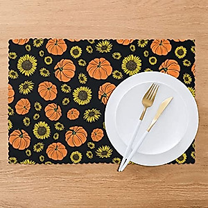 Thanksgiving Pumpkins Sunflower Leaf Placemats Set of 6,Table Mats Heat-Resistant Washable Non-Slip Place Mats for Family Dining Kitchen Home Wedding Holiday Party Decorations 12 X 18 Inch