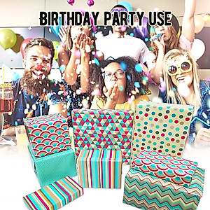 Wrapping Paper Sheets - Folded Flat - Birthday Wrapping Paper Set Included 6 Pack Gift Wrap Paper with Ribbon,Tag,Red Green Gift Wrapping Paper for Birthday,Bridal Baby Shower,Weddings,Graduations,Women,Men,Boy,Girl,All Occasion