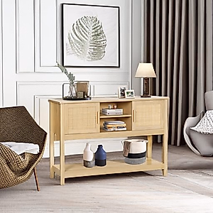 LAZZO Rattan Console Table 47" Narrow Entryway Table Sofa Table Behind Couch Table Coffee Bar with 2 Door Cabinets, 2 Drawers and Open Storage Shelf for Living Room, Foyer and Hallway Natural Wood