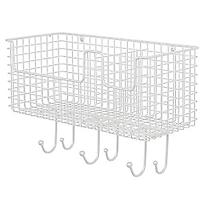 mDesign Metal Wire Farmhouse Wall Decor Storage Organizer Divided Basket with 6 Hooks for Entryway, Hallway, Mudroom, Bedroom, Bathroom, Laundry Room - Wall Mount - White
