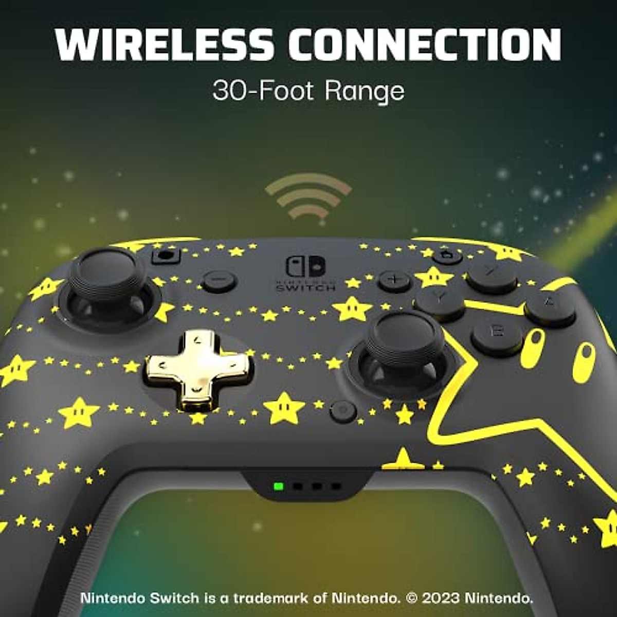 PDP REMATCH Enhanced Wireless Nintendo Switch Pro Controller - Rechargeable Battery Powered, Mario Super Star Glow in the Dark