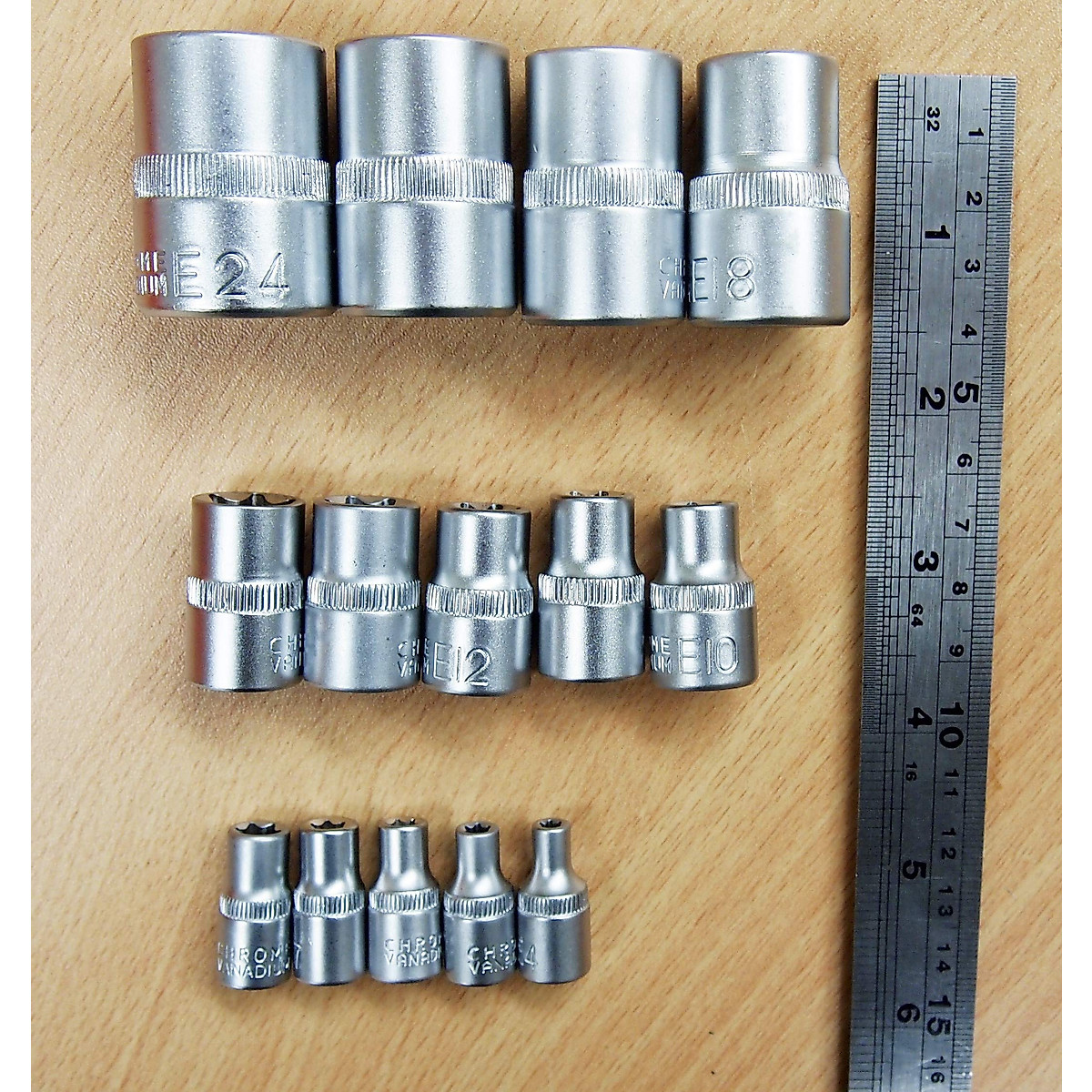 HOTECHE 14 PC E Torx Star Female Bit Socket Set 1/2"/3/8"/1/4" Drive E4 -E24