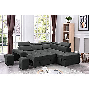 FANYE L-Shaped Oversized Convertible Tufted Sleeper Sectional Sofa with Pull Out Sleeper Couch Bed,Adjustable Headrests, Padded Armrests,Movable Stools and Storage Ottoman for Living Room