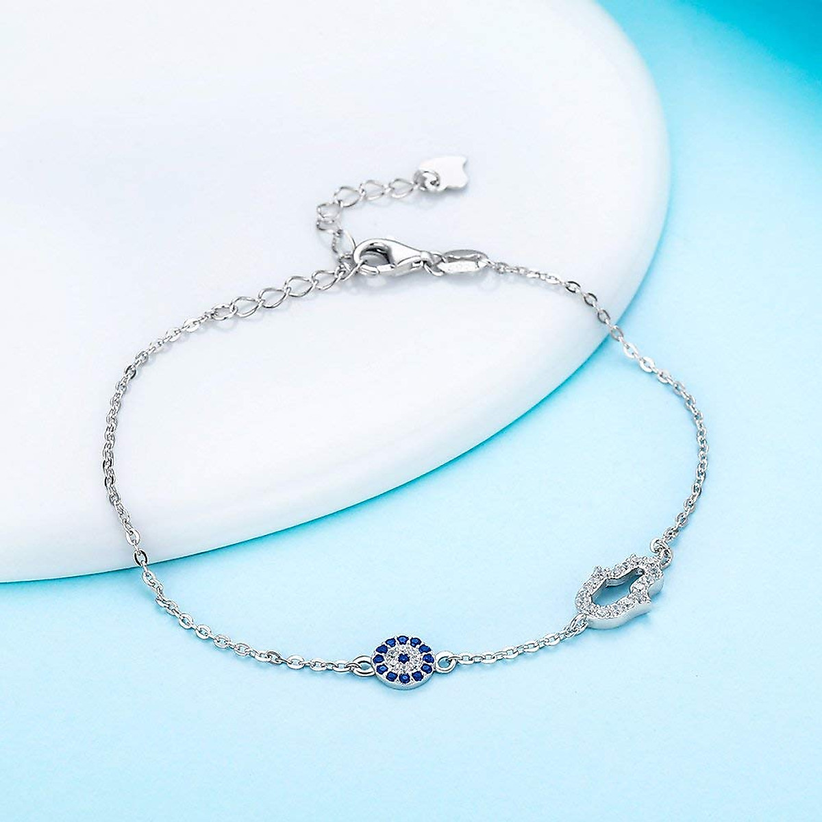 Kaletine Hamsa Hand of Fatima Evil Eye Bracelet Sterling Silver 925 Blue Cubic Zirconia Chain 6.5"+1.5"(Rhodium)